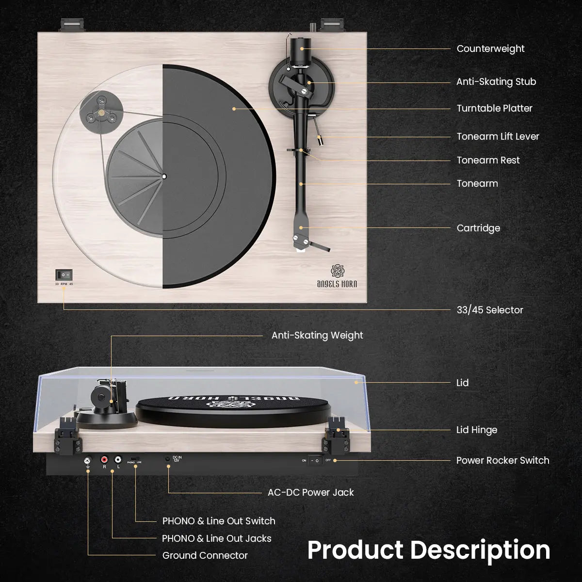 H002-BK White Maple Modern Vintage Turntable | Angels Horn® – AngelsHorn